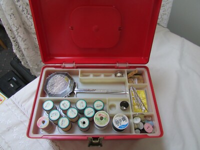 Vintage Red Plastic Sewing Book with Tread, Scissor, Pens, Thimble | eBay