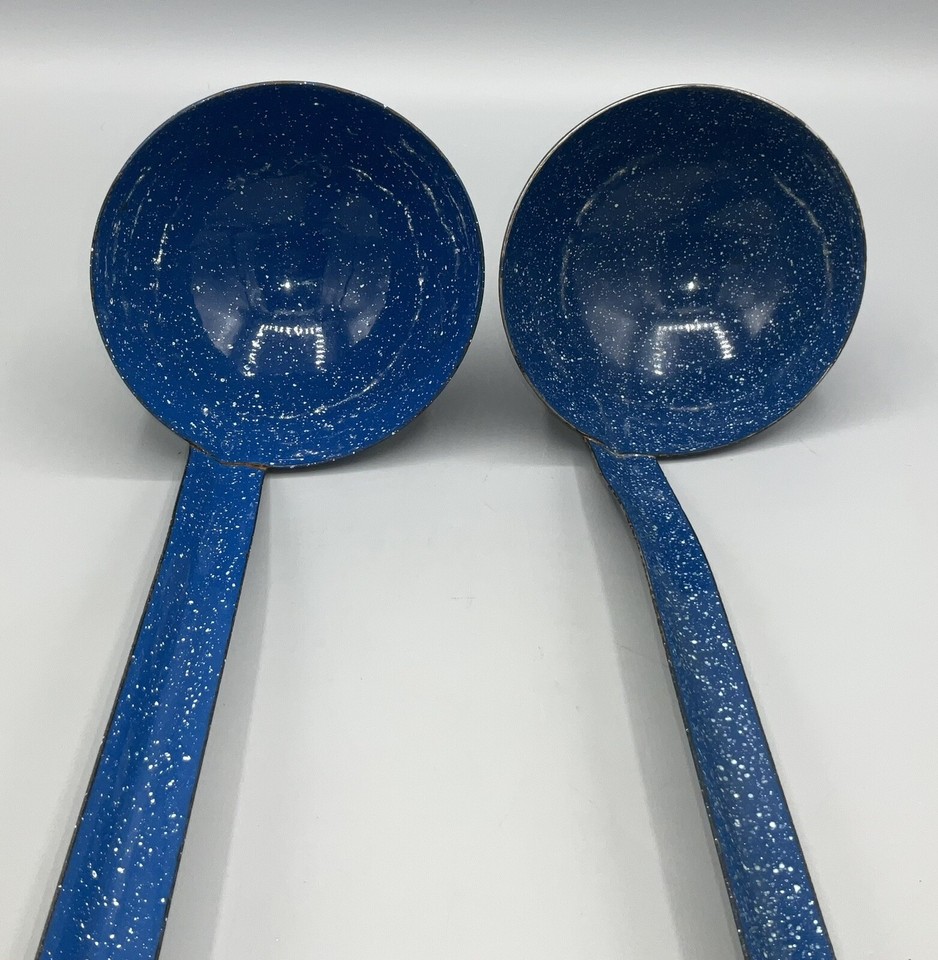 4 Vtg Blue Speckled Enamel Granite Ware Camping Metal~3 Ladles & 1 ...