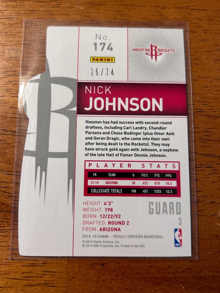 2014-15 Totally Certified Nick Johnson Blue Die Cut /74 Arizona Rockets ...