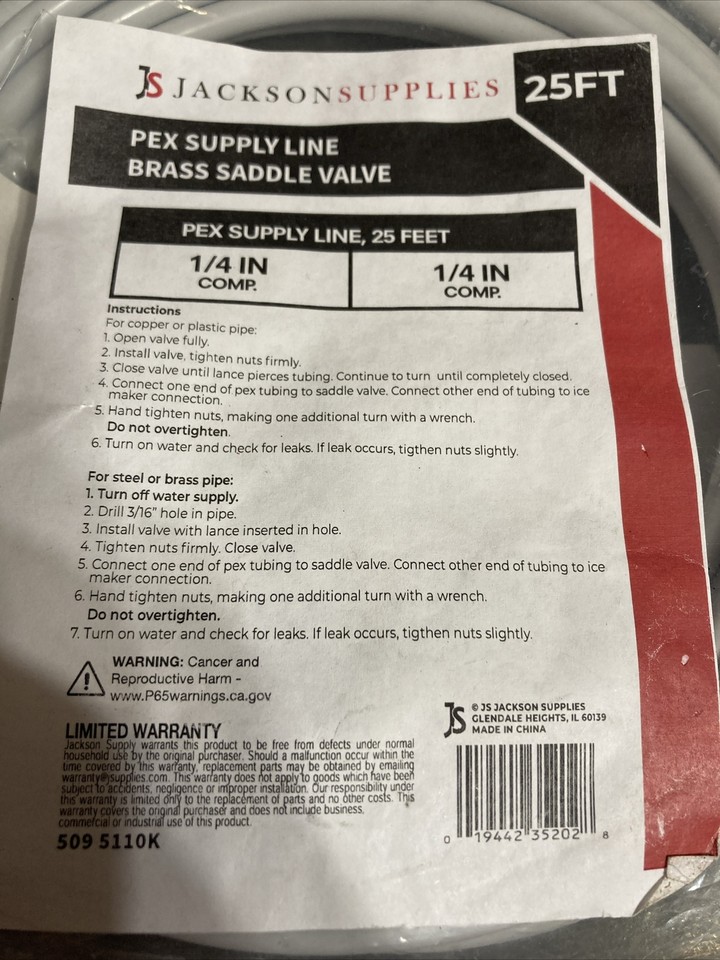 PEX Ice Maker Installation Kit 25 Feet of Tubing for Appliance Water ...