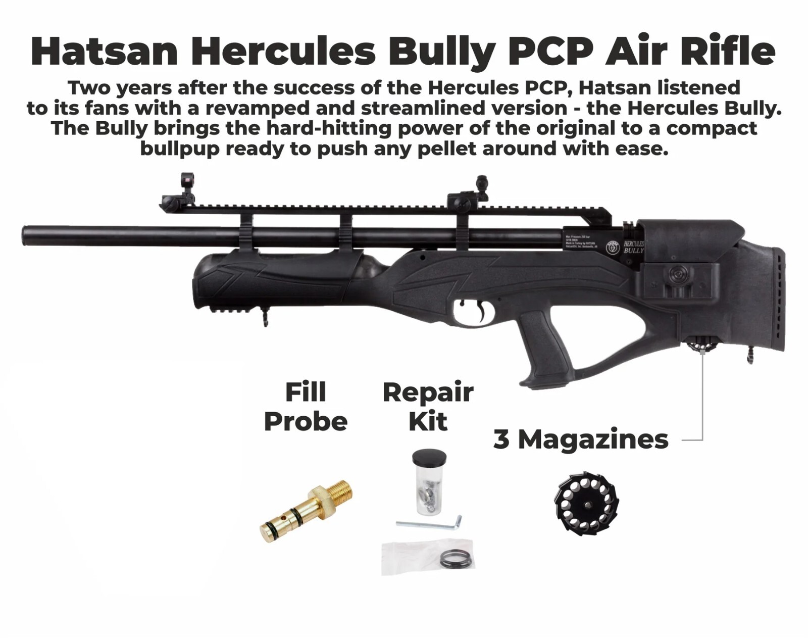 Hatsan Hercules Bully PCP SideLever .25 Bullpup Air Rifle 1200 FPS ...