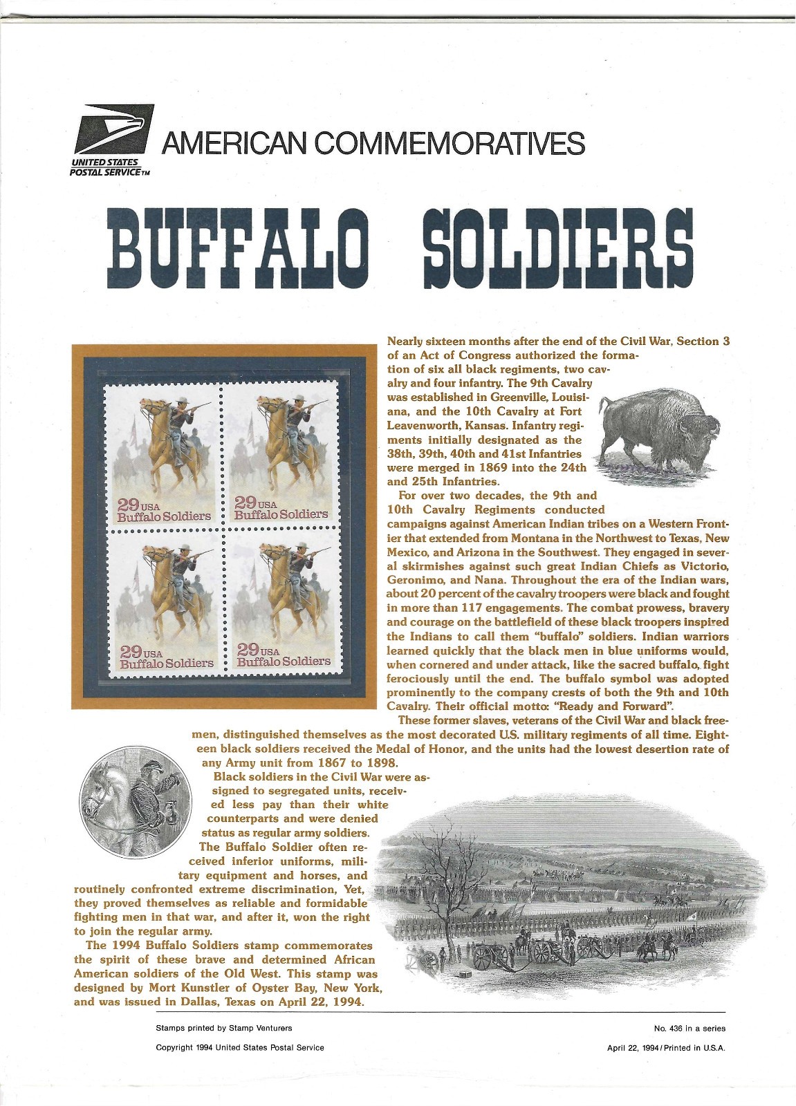USPS COMMEMORATIVE PANEL #436-BUFFALO SOLDIERS MNH 29c BLK | eBay