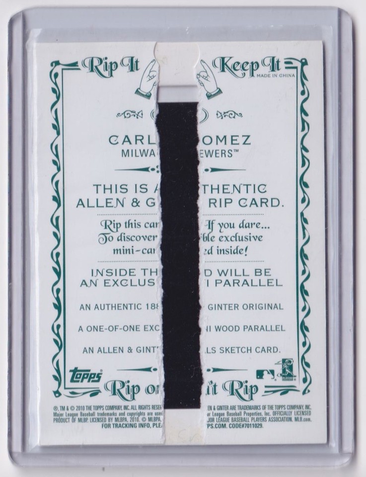 2010 Topps Allen & Ginter #RIP-RC5 Carlos Gomez Rip Cards #/99 Ripped ...