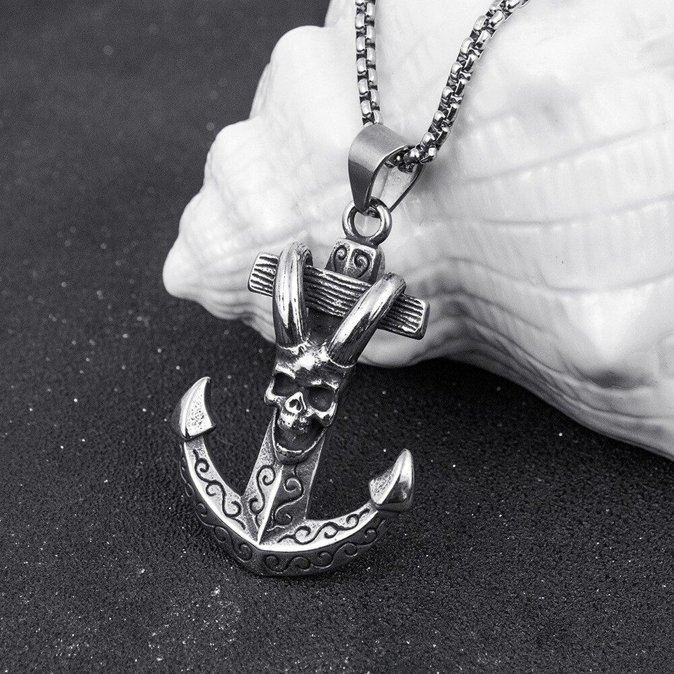 Silver Satanic Devil Skull Anchor Pendant Necklace Chain Men's Jewelry ...
