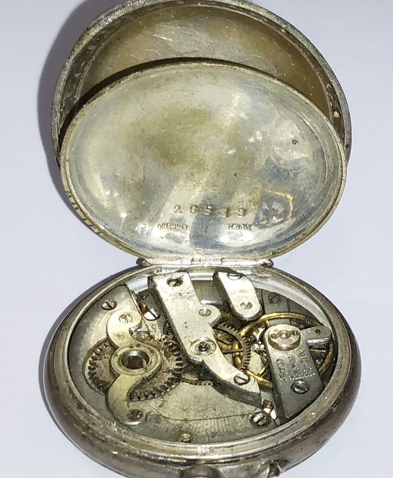 .800 KM Antique Silver Pocket Watch Swiss Case Church Scene 31mm Opens ...