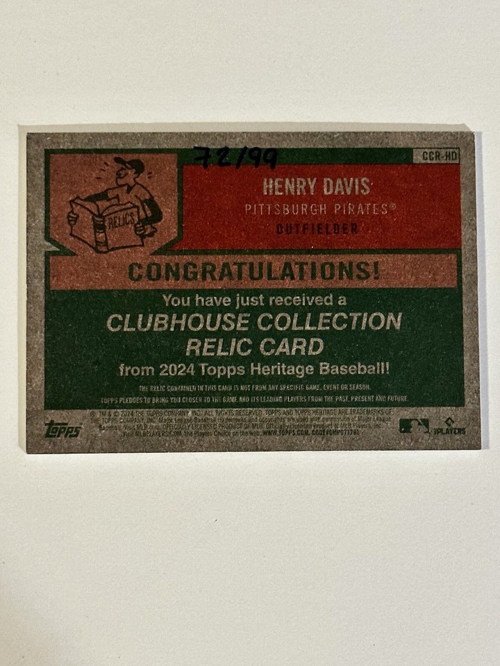 2024 Topps Heritage Henry Davis Game-Used Relic Clubhouse Collection ...
