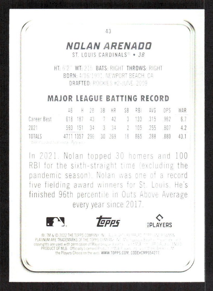 2022 Bowman Platinum Nolan Arenado #43 Baseball St. Louis Cardinals | eBay
