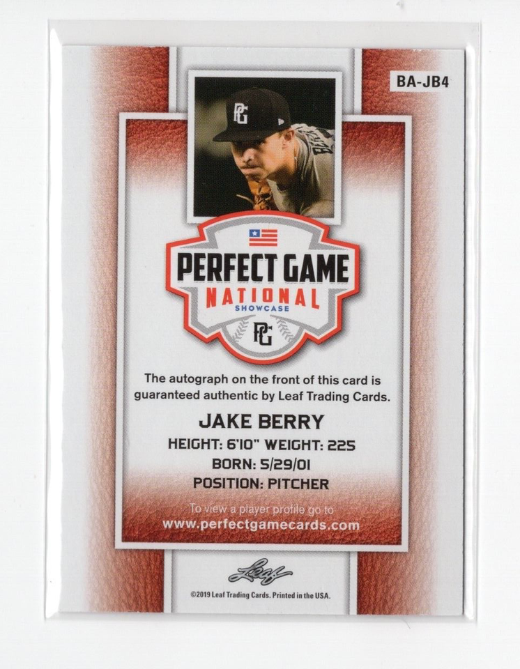 2019 Leaf Perfect Game National Showcase Auto Black SP/50 Jake Berry # ...