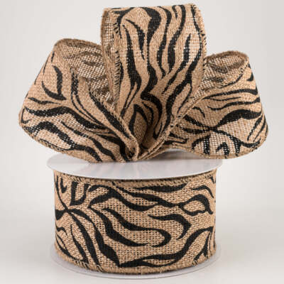 10YD Burlap Zebra Stripe Ribbon Animal Print Natural Black Wired 2.5 ...
