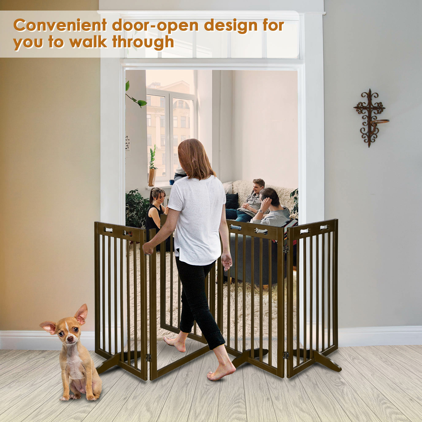 24"/36" Folding Wood Dog Gate Pet Fence Free Standing Barrier with Door ...