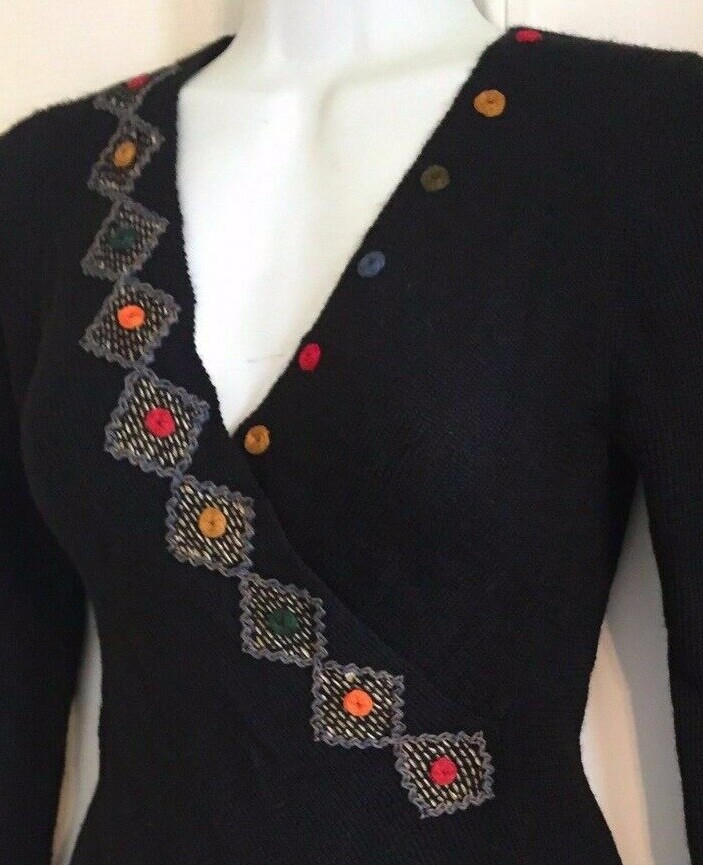 100% Baby ALPACA Wool Women Wrap Top Sz XS Black Factoria Paty Aztec ...