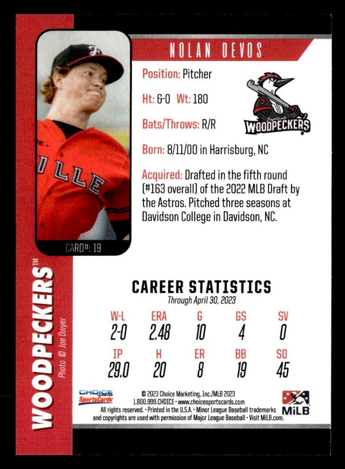 Nolan Devos 2023 Choice Fayetteville Woodpeckers #19 Fayetteville ...