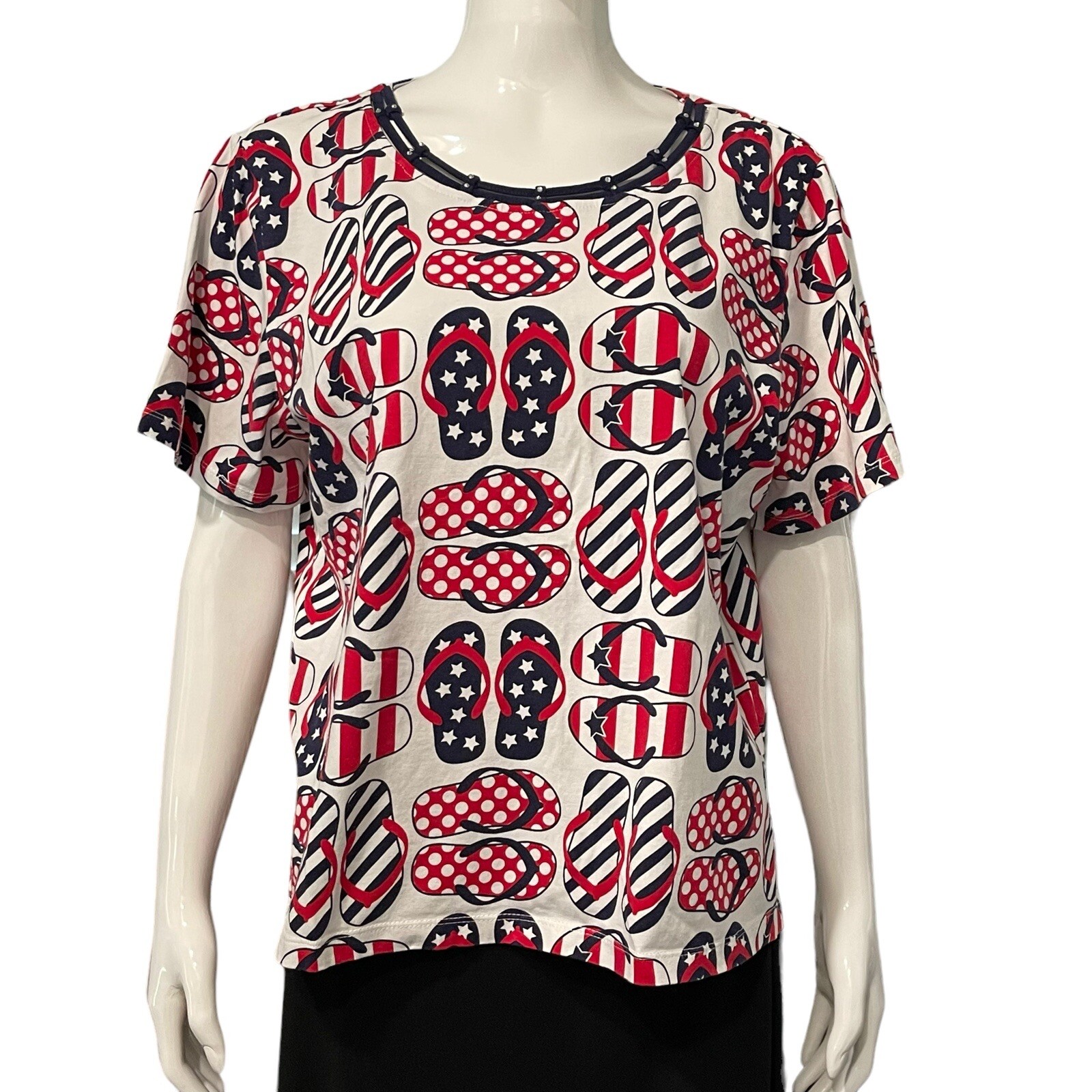 ALFRED DUNNER Patriotic Red White Blue Top Tee Shirt Flip Flops 4th Of ...