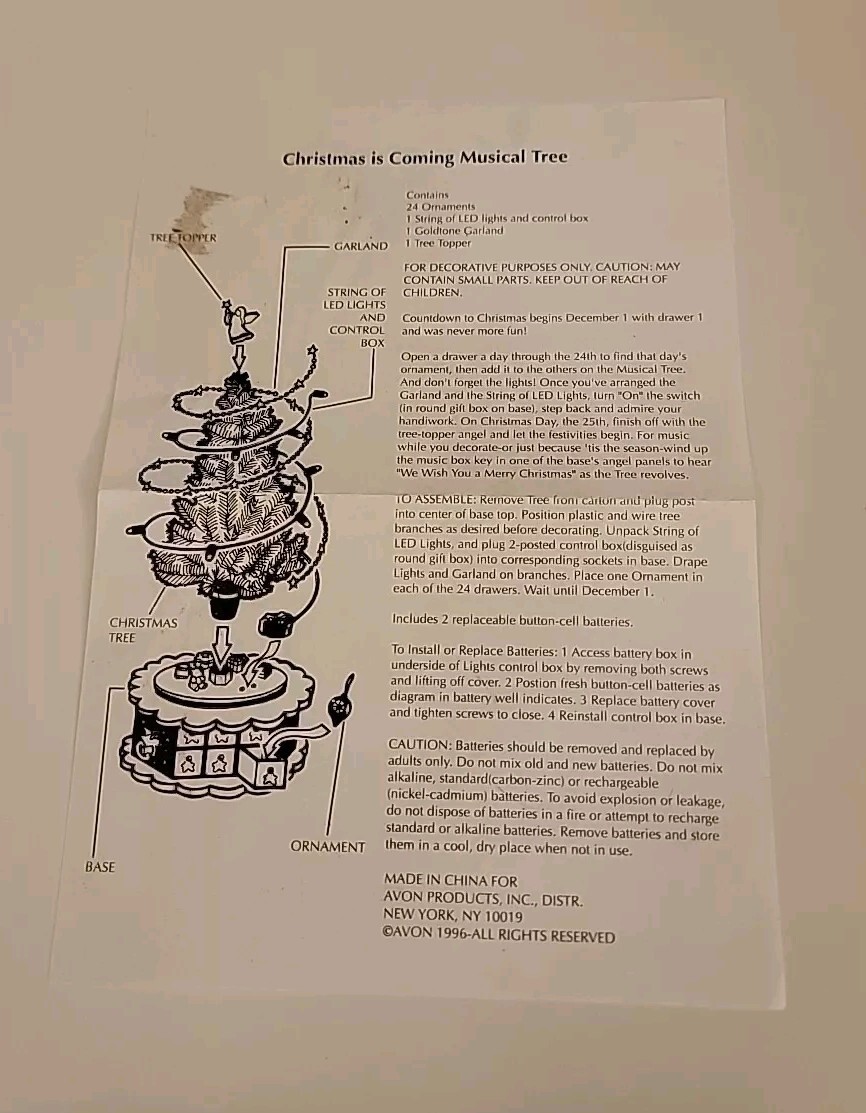 1996 Avon Christmas Is Coming Musical Advent Tree Replacement ...
