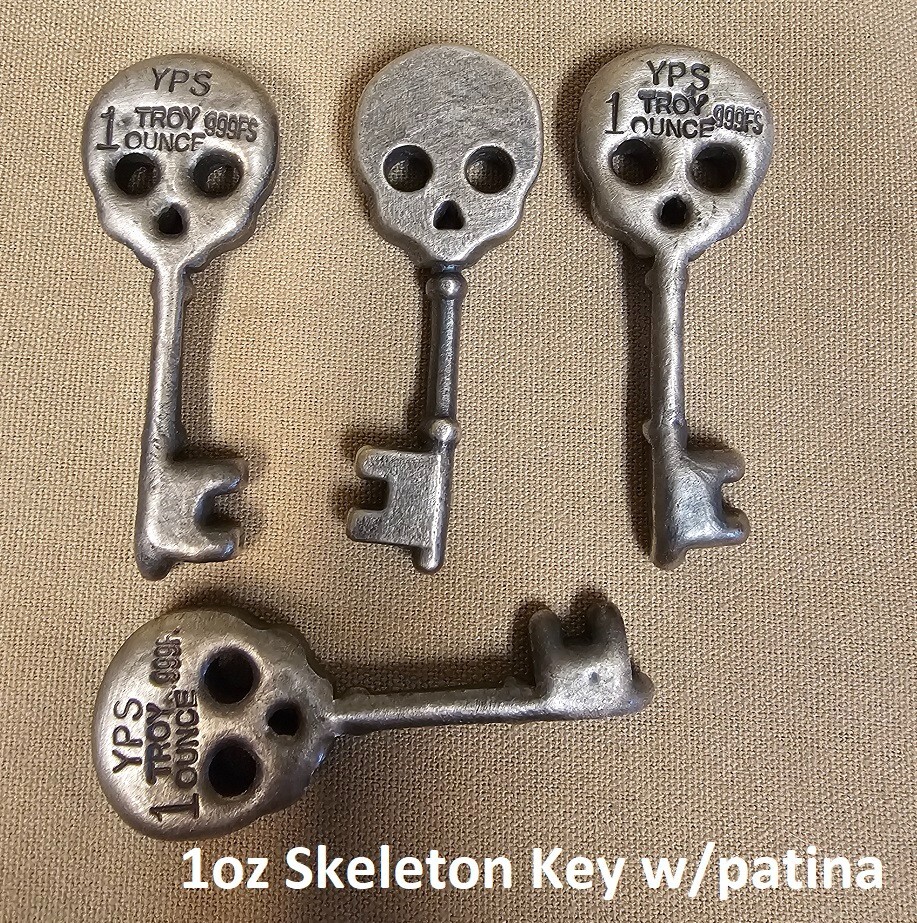 1 oz Hand Poured 999 Silver Bullion Bar "Skeleton Key w/Patina" by YPS ...