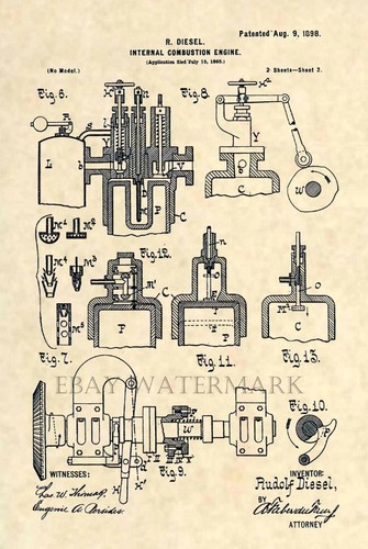 Original Diesel Engine US Patent Art Print - Vintage 1898 - Mechanic ...