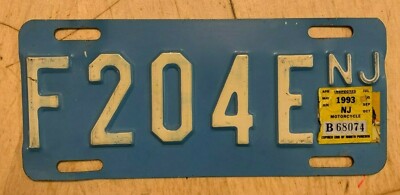 1993 NEW JERSEY MOTORCYCLE CYCLE LICENSE PLATE " F 204 E " NJ 93 BUFF ...