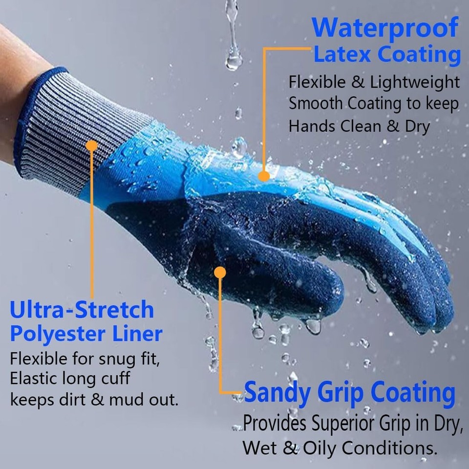 Waterproof Work Gloves Blue Fully Latex Coated Mens Builders ...