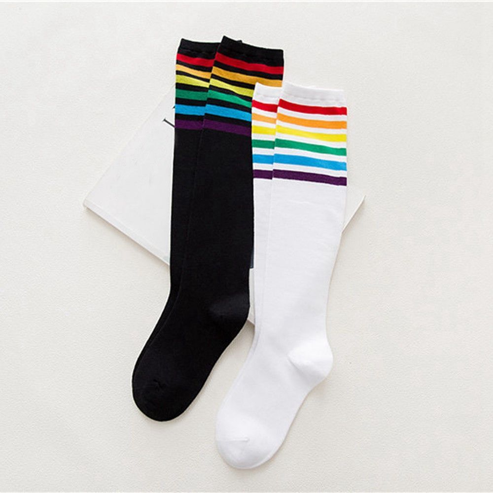 Soft Cotton Thigh High Football Socks Rainbow Stripe Long Hosiery ...
