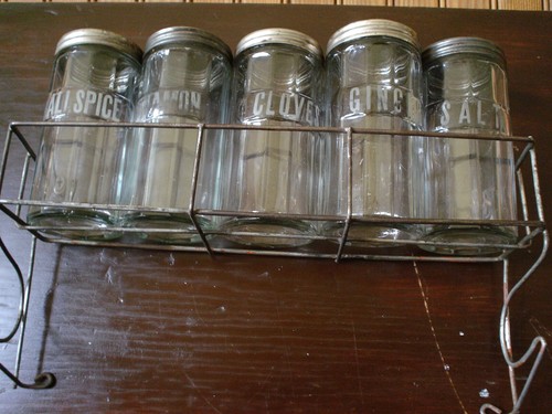 ANTIQUE HOOSIER LARGE SPICE JARS & WIRE RACK, RARE, ETCHED "COLONIAL ...