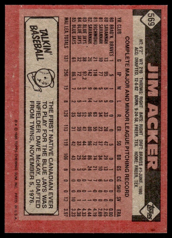 1986 Topps Baseball Card Jim Acker Toronto Blue Jays #569 | eBay