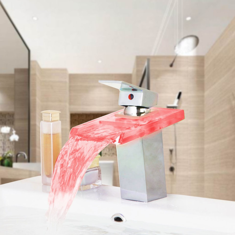 Bathroom Waterfall LED Faucet Battery Powered Mixer Glass Mixer ...