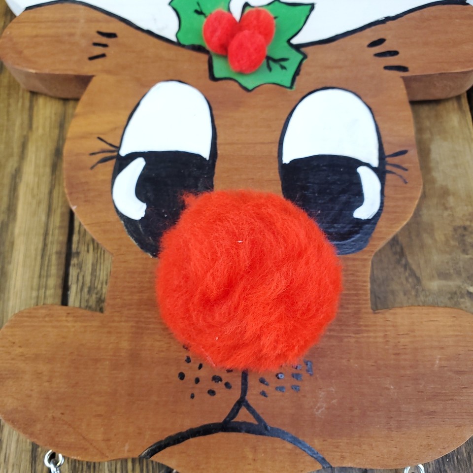 Vintage Handcrafted 3D Wood Rudolph the Red Nose Reindeer Christmas ...