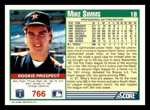 1991 Score Mike Simms RC Rookie Prospect Houston Astros #766 | eBay