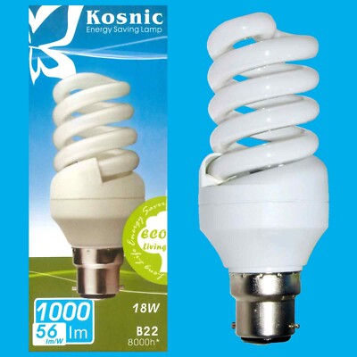 8x 18W (=56lm/W) Kosnic CFL Spiral Light Bulb, Bayonet BC B22, 6500K ...