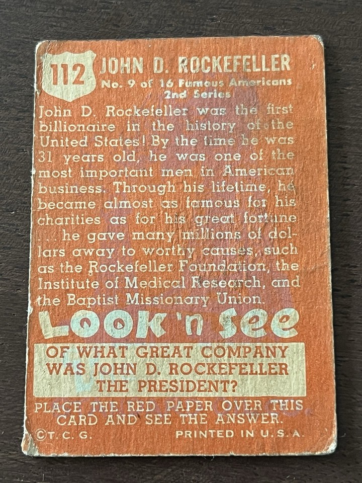 VINTAGE 1952 TOPPS LOOK N SEE TRADING CARD “JOHN D. ROCKEFELLER” | eBay