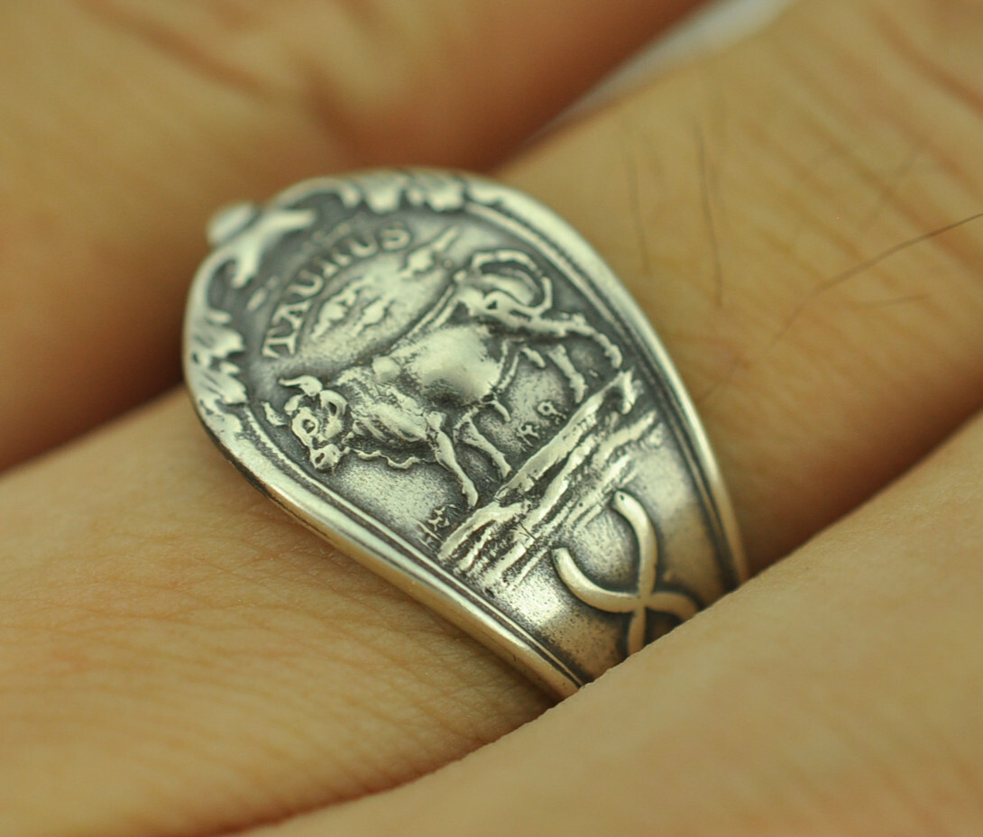 925 Sterling Silver Taurus Zodiac April Birthday Adjustable Spoon Ring ...