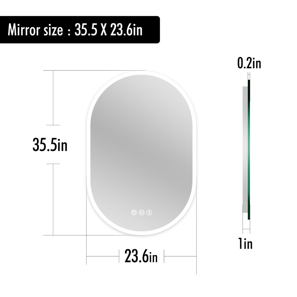 24x36in Oval LED Bathroom Mirror 3 Color Temperature Bluetooth Vanity ...