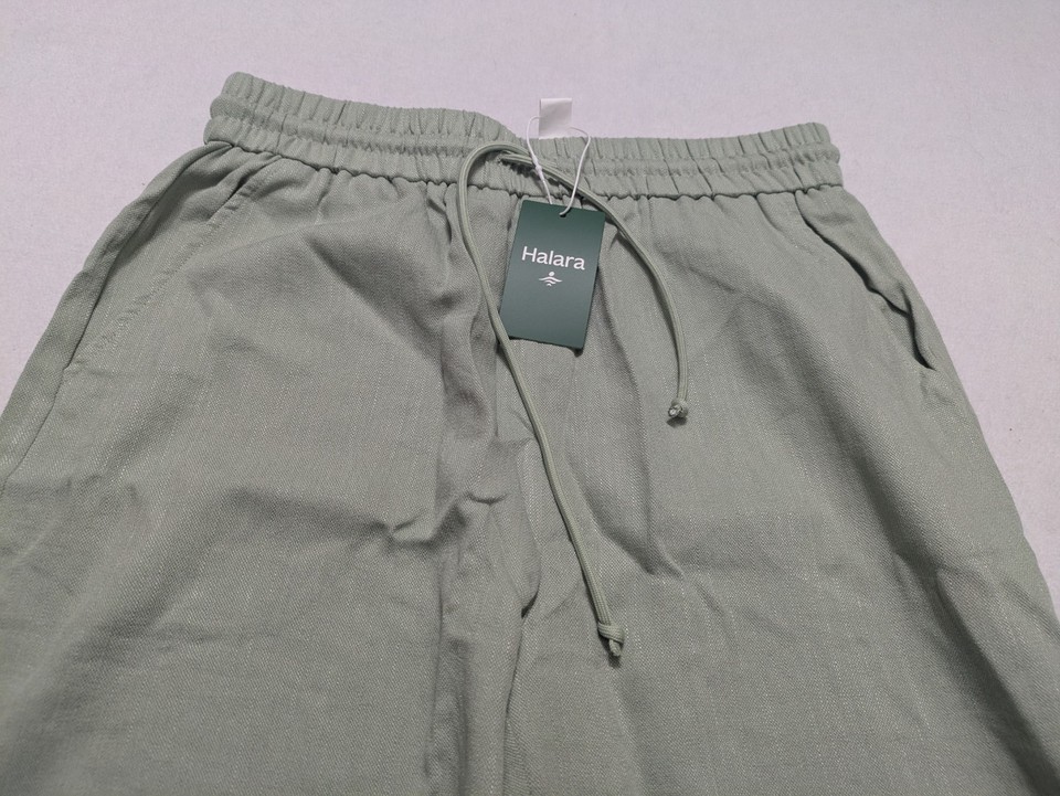 Halara Pants Large High Waisted Drawstring Wide Leg Cropped Green Linen ...