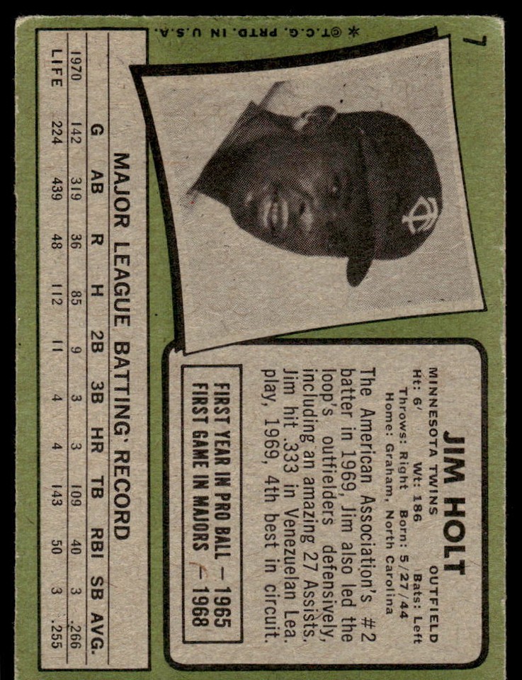 1971 Topps Jim Holt #7 Minnesota Twins Baseball Card | eBay