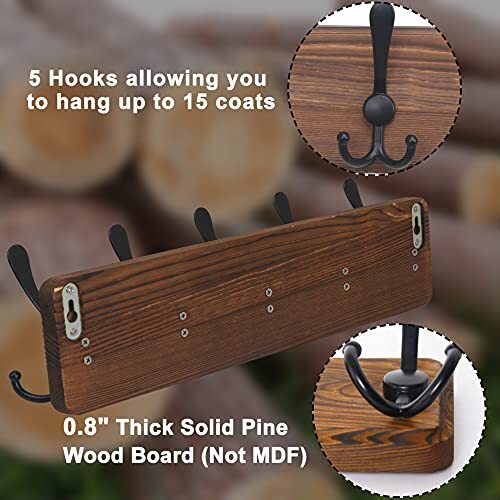 5 Tri Hooks Wooden Wall Coat Hanger Rack Wall Mounted, Heavy Duty for ...
