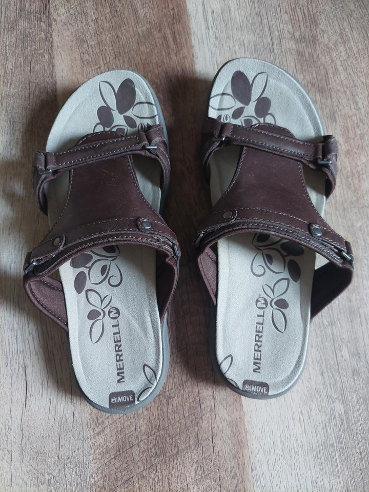 Merrell Women’s Sandals Slide On Strappy Bracken Leather Slides Brown ...