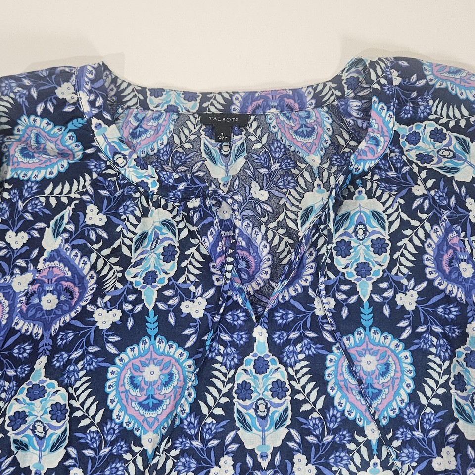 Talbots Shirt Womens Small Blue Purple Floral Puff Sleeve Boho Print ...