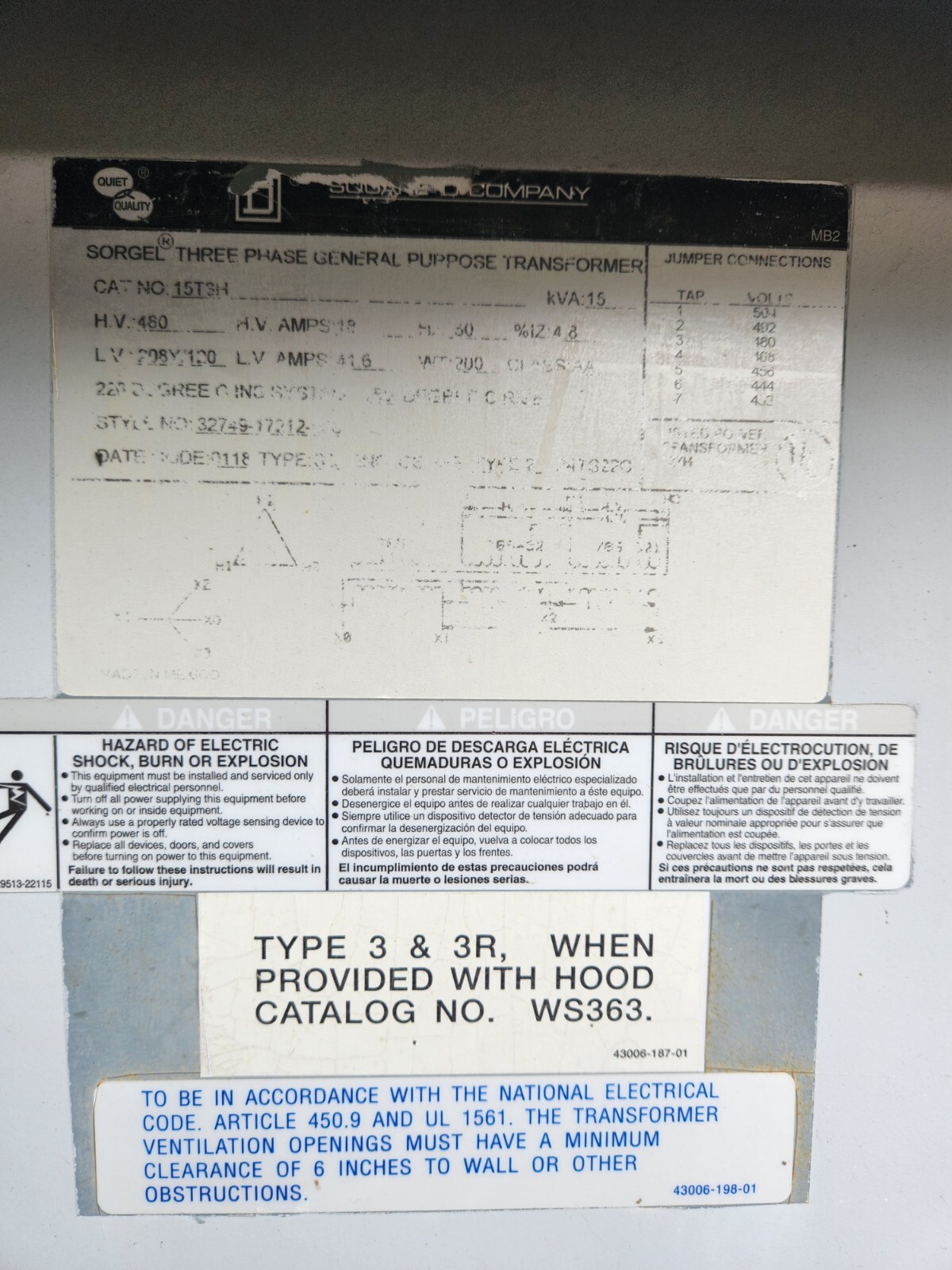 Square D 15T3H 3-Ph Pri:480V Sec:208Y/120V 15Kva Transformer Hood ...
