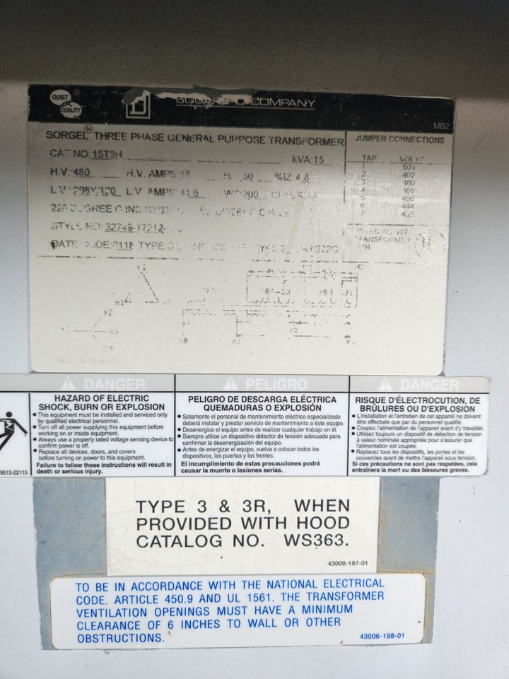 Square D 15T3H 3-Ph Pri:480V Sec:208Y/120V 15Kva Transformer Hood ...