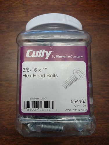 Box Of 100 3/8-16 x 1" Hex Head Bolts Zinc Plated Cully By Minerallac ...