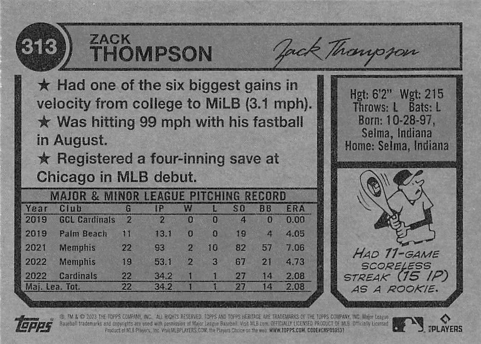 Zack Thompson 2023 Topps Heritage Baseball card Base #313 St Louis ...