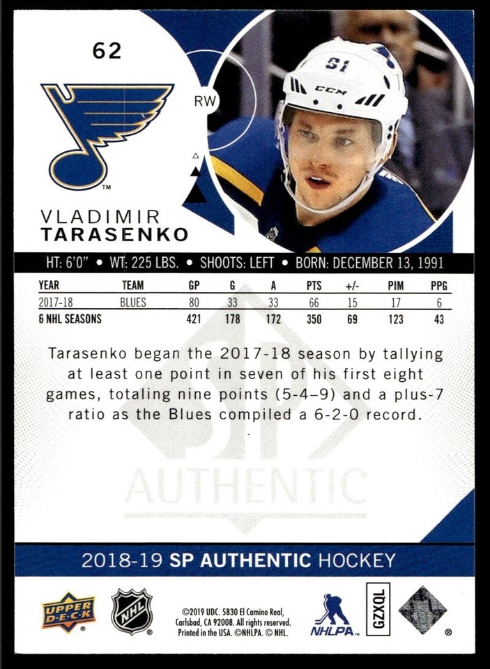 2018-19 SP Authentic Vladimir Tarasenko G49 St. Louis Blues #62 | eBay
