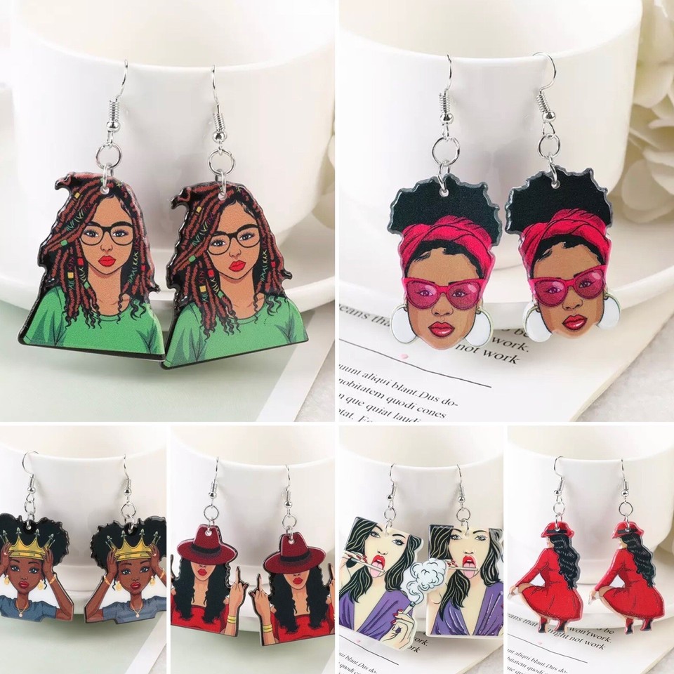 Afro Sista Woman Queen Crown Punk Acrylic Drop Dangle Fashion Earrings ...
