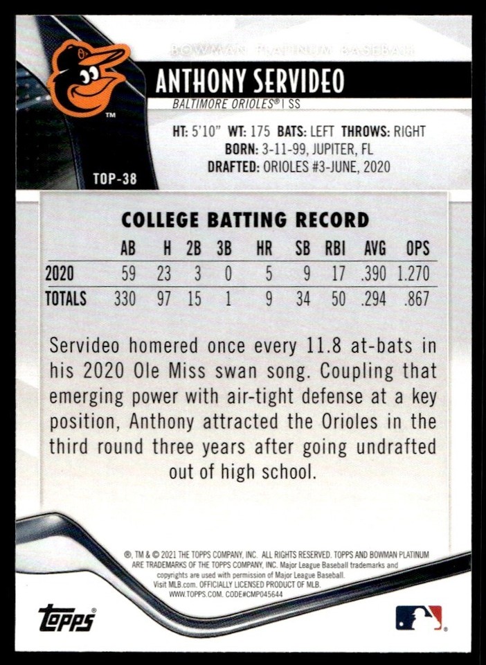 2021 Bowman Platinum Top Prospects Anthony Servideo Baltimore Orioles # ...