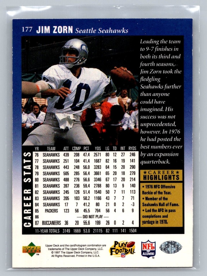 1997 UPPER DECK CARD # 177 Jim Zorn - Seattle Seahawks | eBay