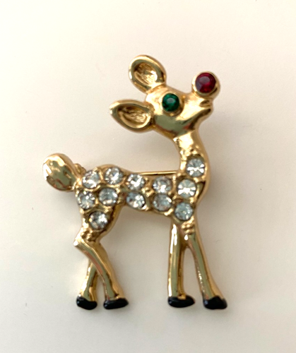Rhinestone Rudolph Red Nose Reindeer Pin/Brooch Gold Color | eBay