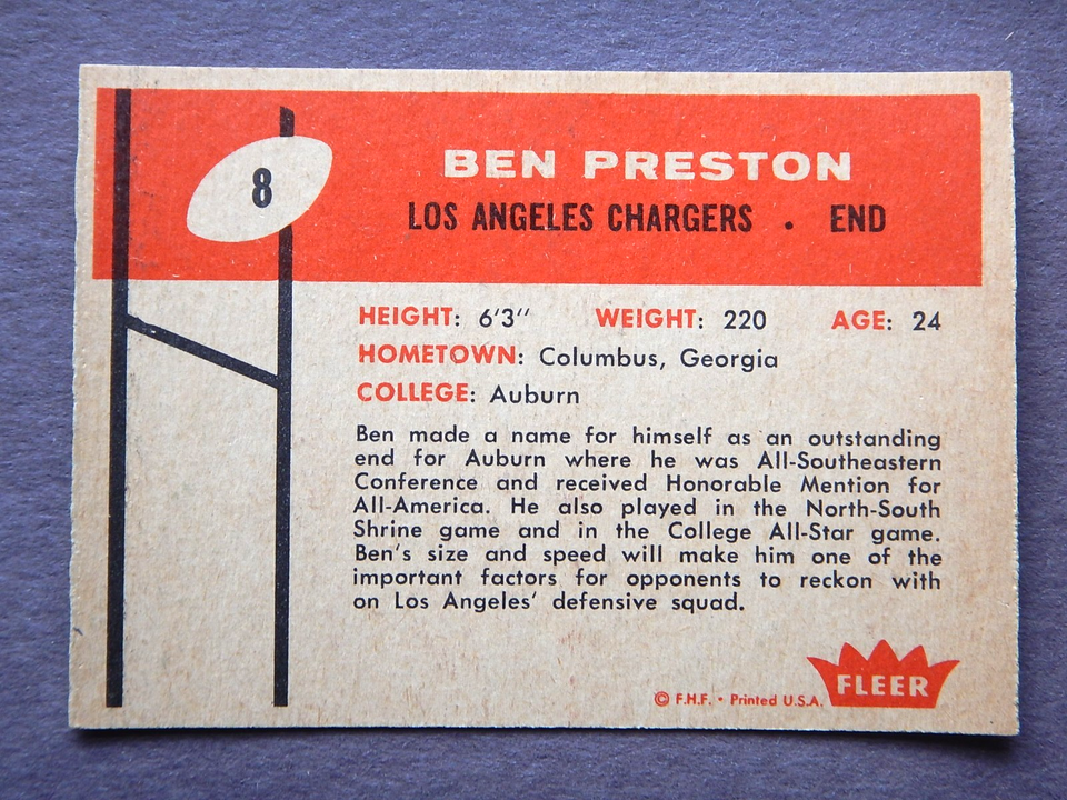 Ben Preston #8 Fleer 1960 Football Card (Los Angeles Chargers)* | eBay