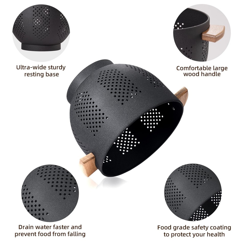 Metal Colander with Wood Handle and Stable Base, Coated Steel Kitchen ...