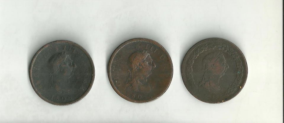 United Kingdom 3 x 1 Penny Copper coins 1806 1807 1812 token George III ...