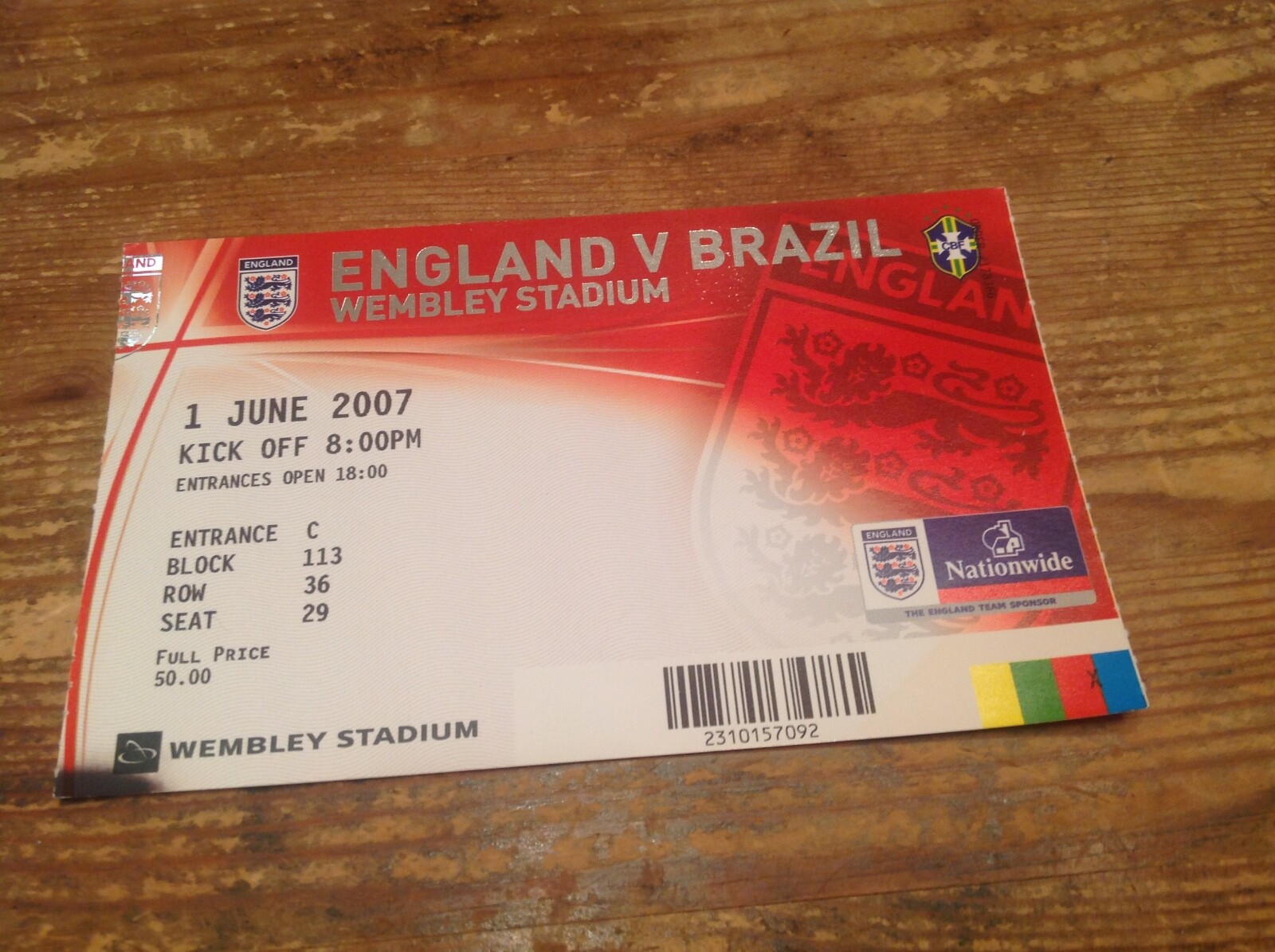 England v Brazil football ticket 1/6/07 | eBay